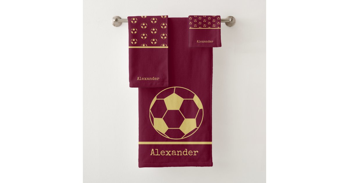 Monogram name Soccer Football Gold Burgundy Bath Bath Towel Set | Zazzle