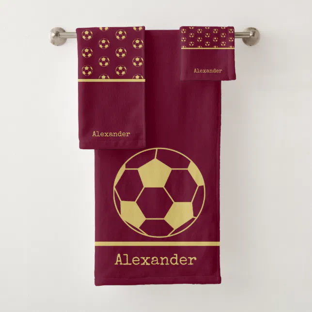 Monogram name Soccer Football Gold Burgundy Bath Bath Towel Set | Zazzle