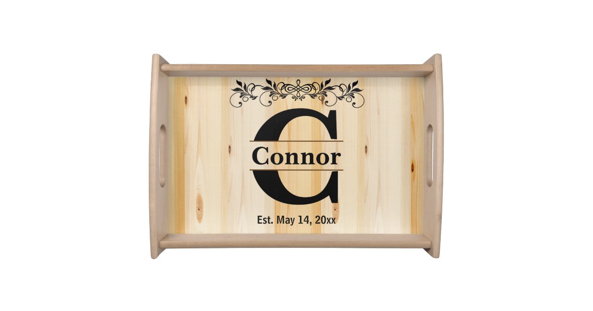 Monogram Natural Butcher Block Wood Design Serving Tray | Zazzle