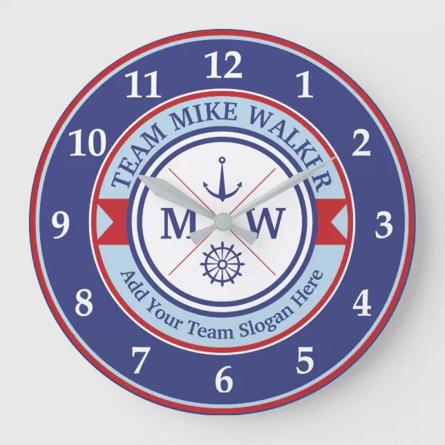 Monogram Nautical Logo Anchor Wheel Helm Motto Large Clock | Zazzle