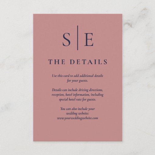 Monogram Navy Blue And Rose Gold Wedding Details Enclosure Card | Zazzle