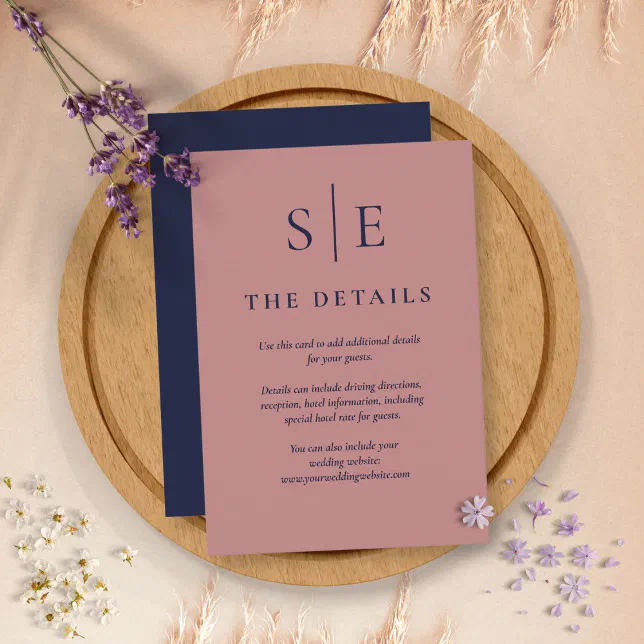 Monogram Navy Blue And Rose Gold Wedding Details Enclosure Card | Zazzle