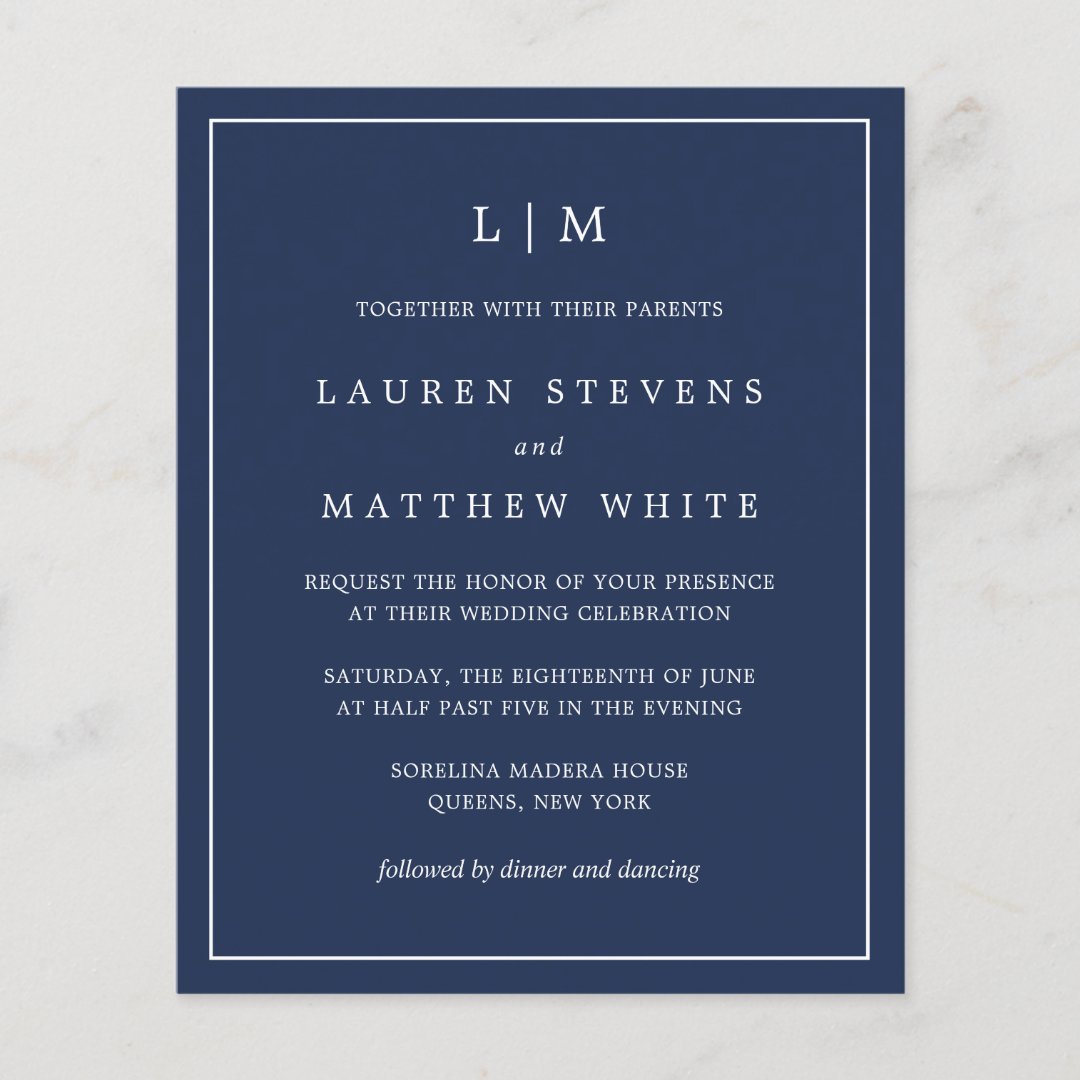 Monogram Navy Blue Budget Wedding Invitation | Zazzle