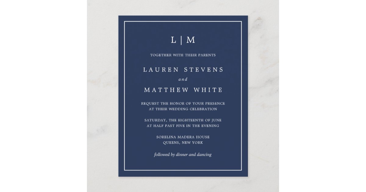 Monogram Navy Blue Budget Wedding Invitation | Zazzle