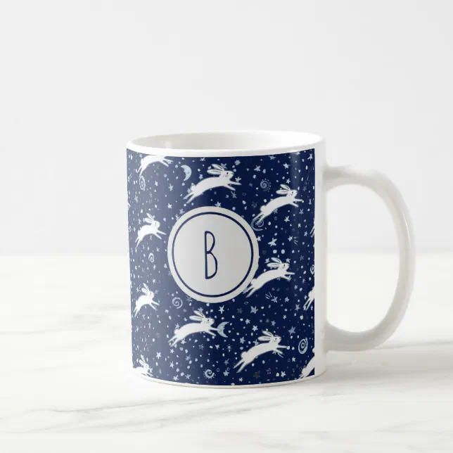 Monogram Navy Blue Celestial Bunny Rabbit Stars Coffee Mug | Zazzle