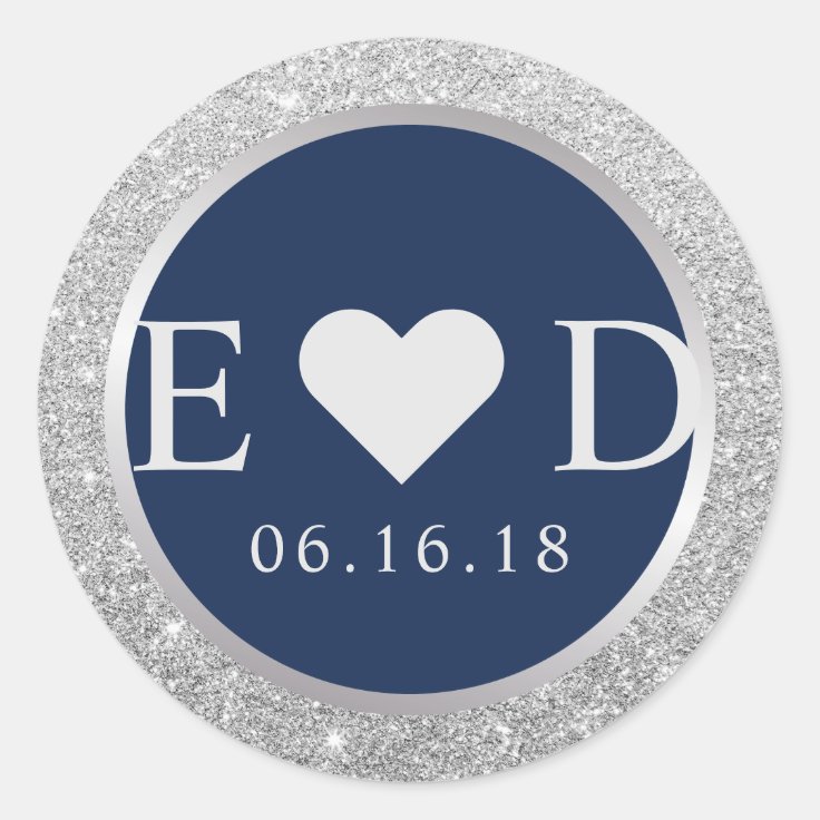 Monogram Navy Blue Elegant Silver Glitter Wedding Classic Round Sticker ...