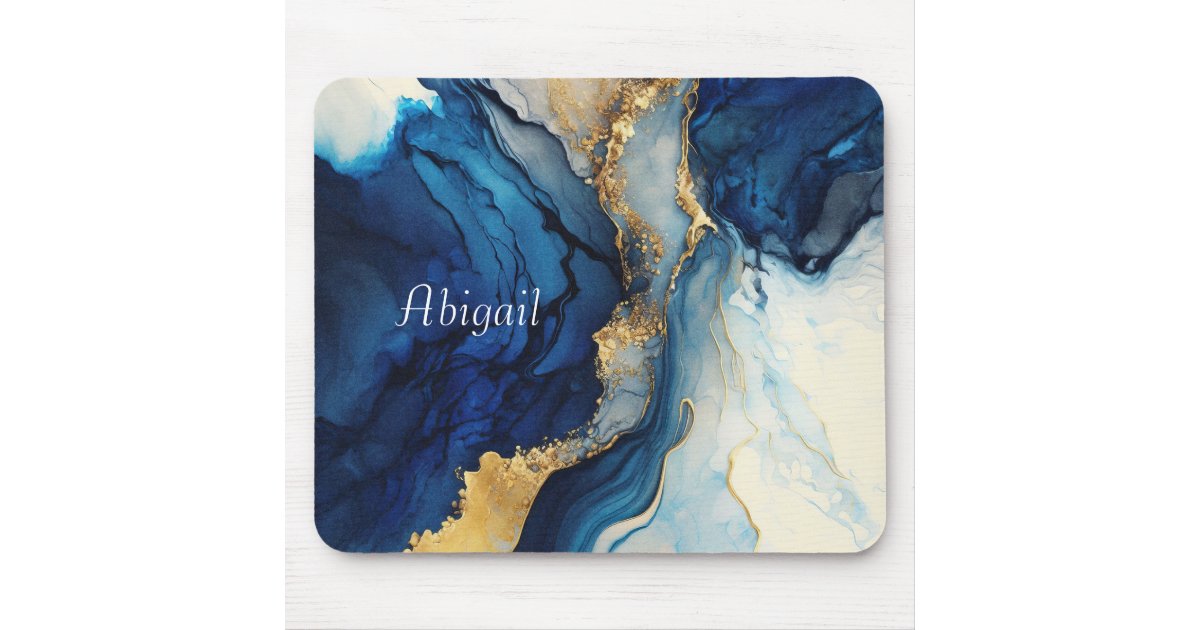 Monogram Navy Blue Gold Agate Marble Watercolor Mouse Pad | Zazzle