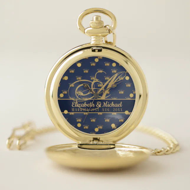Monogram Navy Blue Gold Crown King Queen NEWLYWEDS Pocket Watch | Zazzle