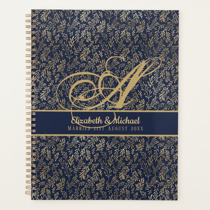 Monogram Navy Blue Gold Leaf Newlyweds Wedding Planner | Zazzle.com