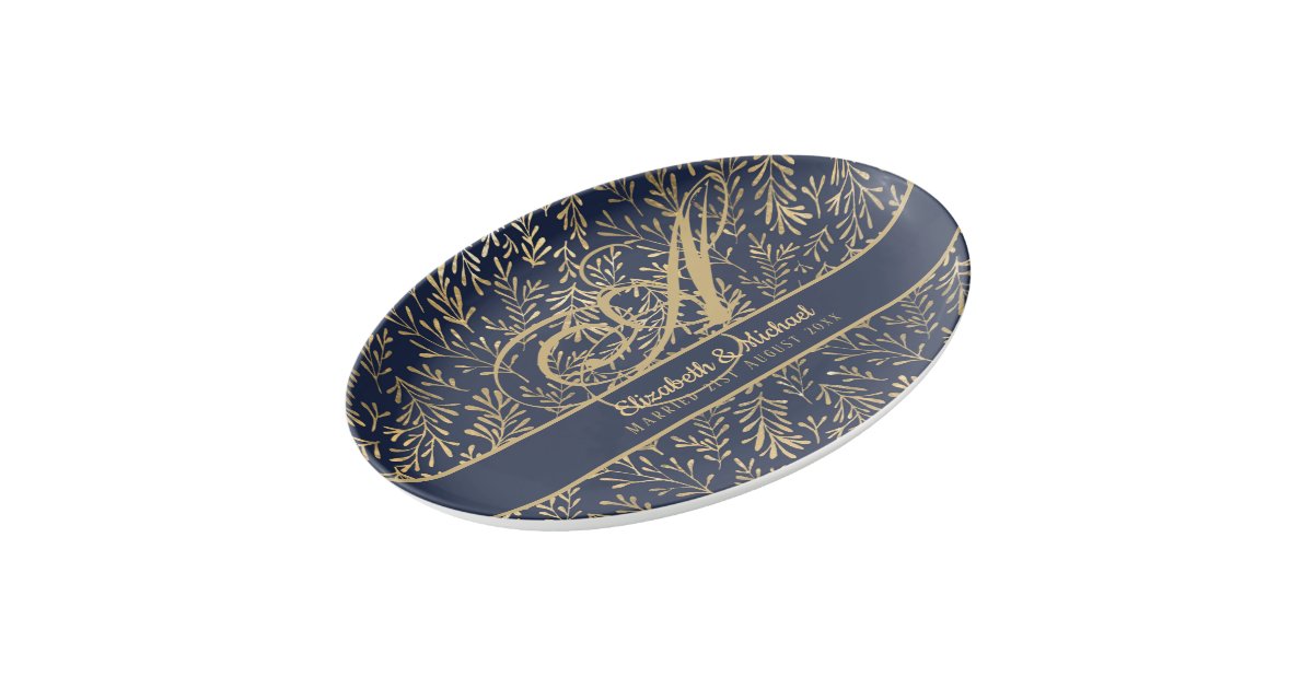 Monogram Navy Blue Gold Leaf Newlyweds Wedding Porcelain Serving ...