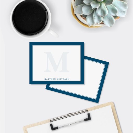 Monogram Navy Blue Masculine Men's Stationery Note Card | Zazzle