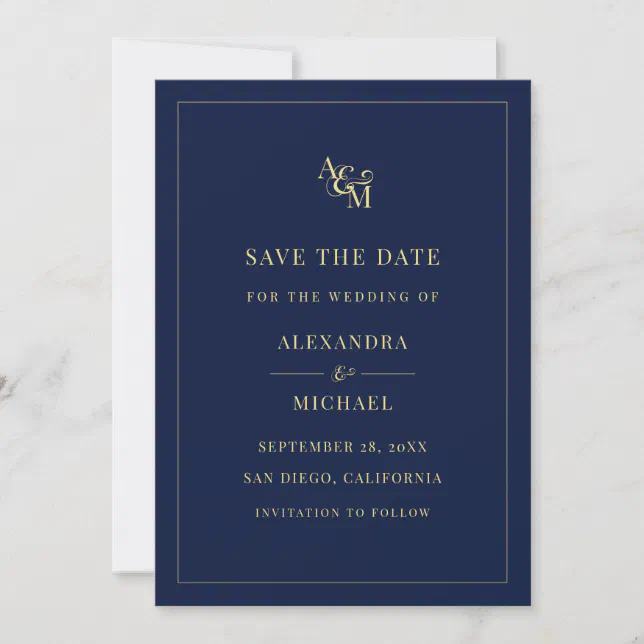 Monogram Navy Blue Simple Elegant Modern Wedding Save The Date | Zazzle