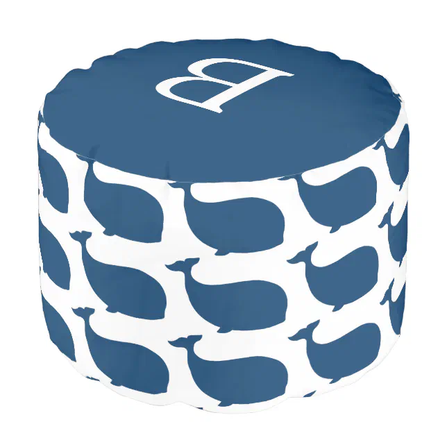 Monogram Navy Blue Whale Pattern Pouf | Zazzle