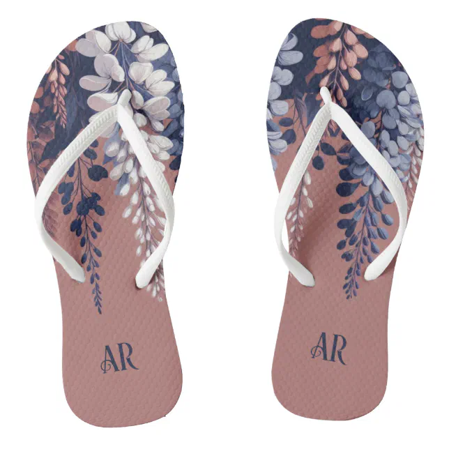 Monogram Navy Rose Wisteria Elegance Flip Flops | Zazzle