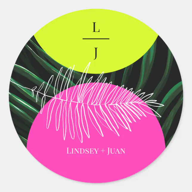Monogram Neon Arches Tropical Palm Leaf Wedding Classic Round Sticker ...