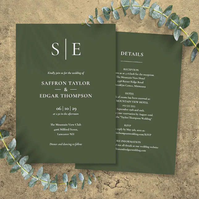 Monogram Olive Green All In One Wedding Invitation | Zazzle