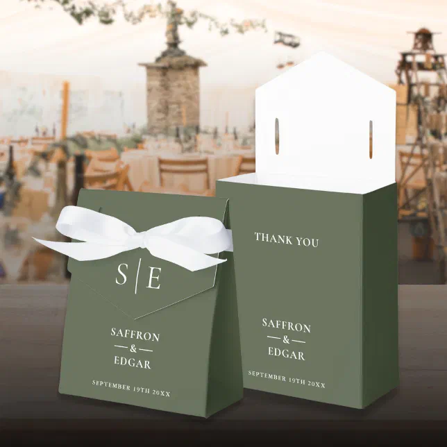 Monogram Olive Green Wedding Favor Boxes | Zazzle