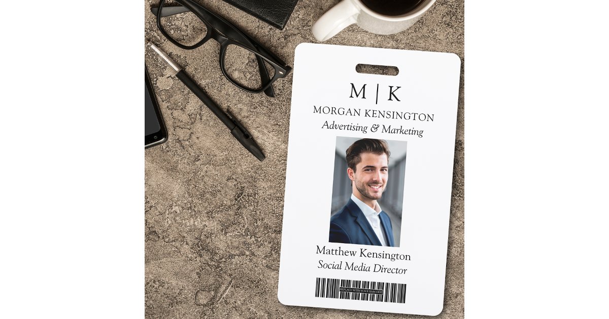 Monogram or Add Logo Business Barcode Photo Badge | Zazzle