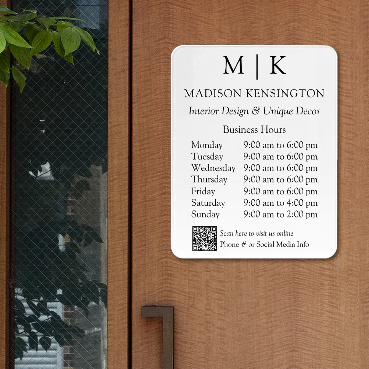 Monogram or Add Logo Business Hours QR Code Door Sign | Zazzle