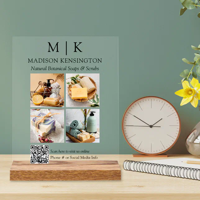 Monogram or Add Logo Business Photos QR Code Clear Acrylic Sign | Zazzle