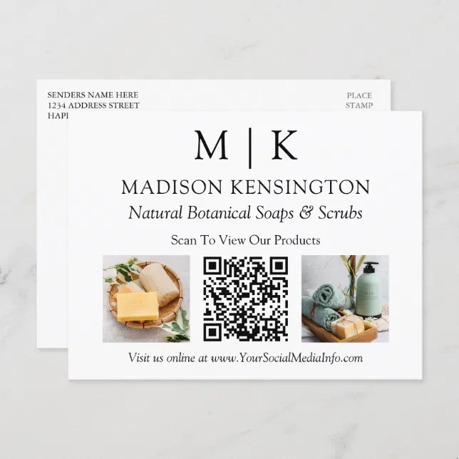 Monogram or Add Logo Business QR Code 2 Photos Postcard | Zazzle