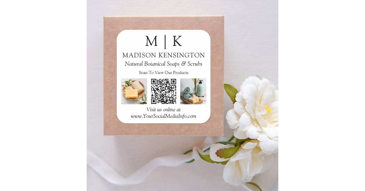 Monogram or Add Logo Business QR Code 2 Photos Square Sticker | Zazzle