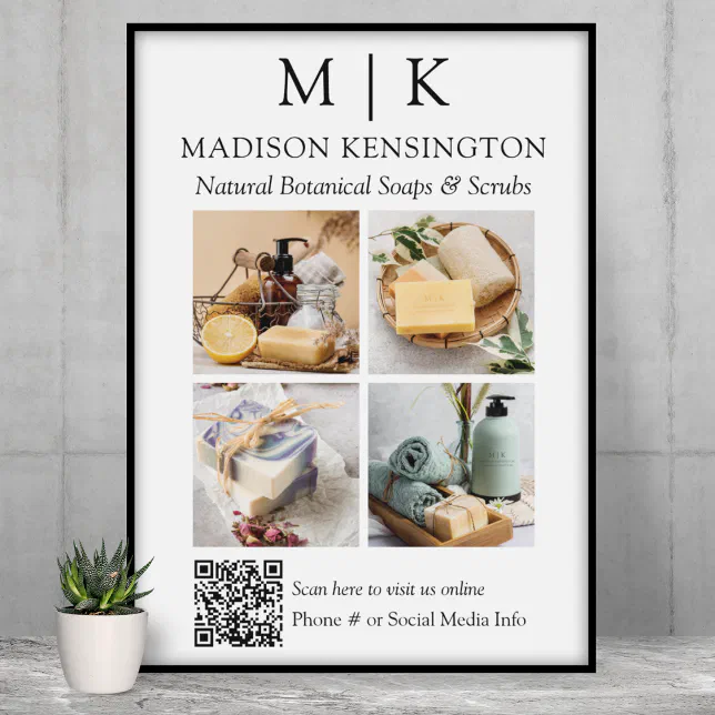 Monogram or Add Logo Business QR Code 4 Photos Poster | Zazzle
