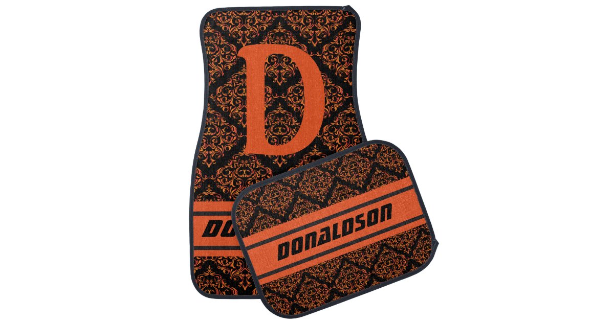Monogram Orange & Black Damask | Personalize Car Floor Mat | Zazzle