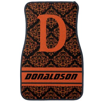 Monogram Orange & Black Damask | Personalize Car Floor Mat | Zazzle
