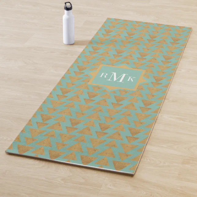 Monogram | Outdoor Geo Step | Gold & Teal Pattern Yoga Mat | Zazzle