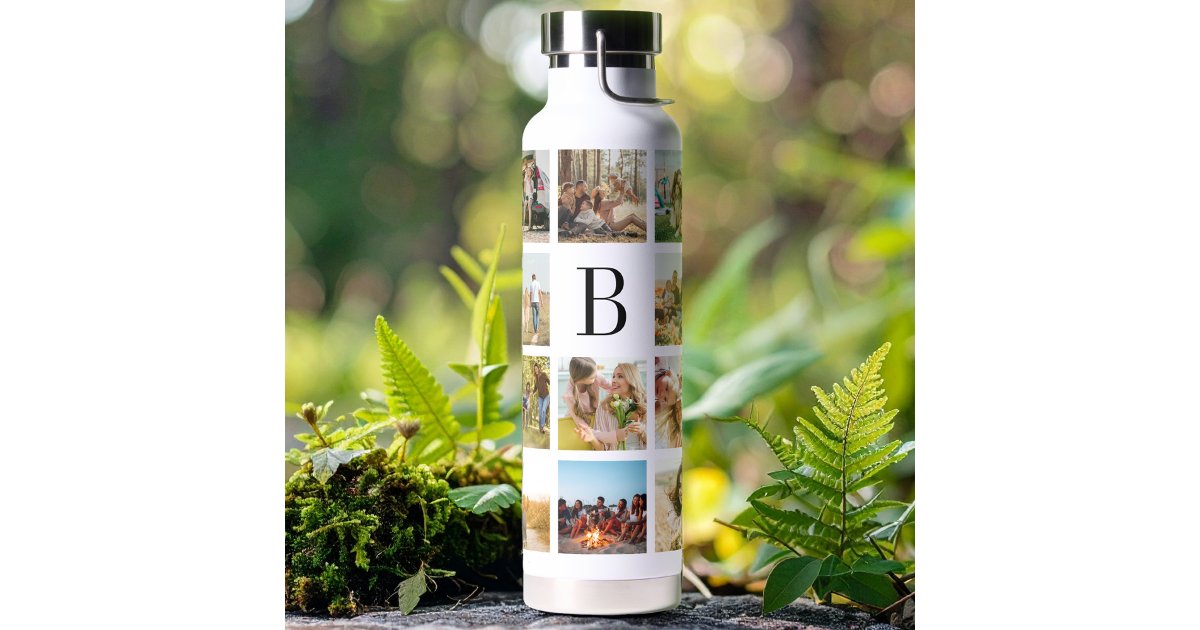 Monogram Personalized 19 Photo Collage Water Bottle | Zazzle