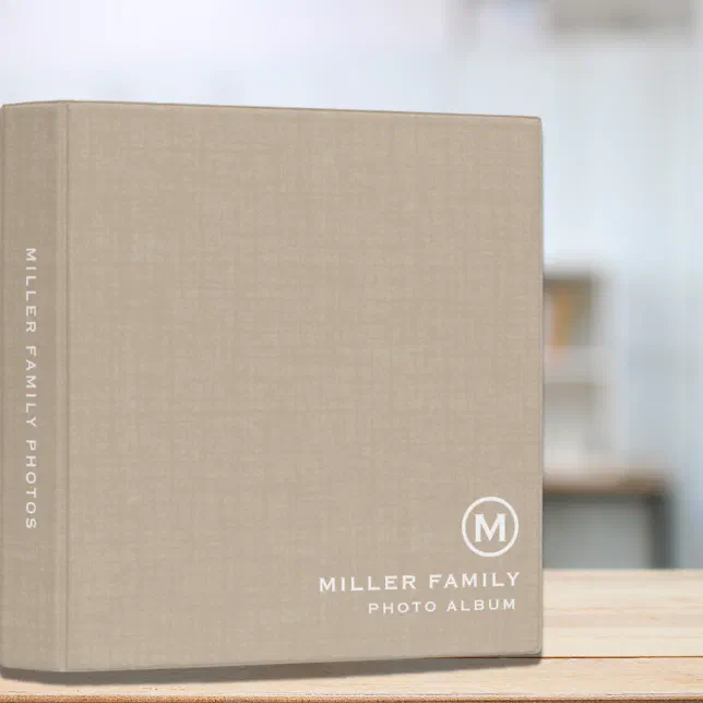 Monogram Photo Album Book on Beige Linen Print 3 Ring Binder | Zazzle