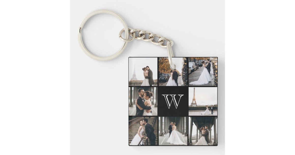 Monogram Photo Collage Black Gift Keychain | Zazzle