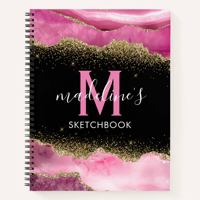 Monogram Pink Agate Crystal Gold Glitter Notebook | Zazzle