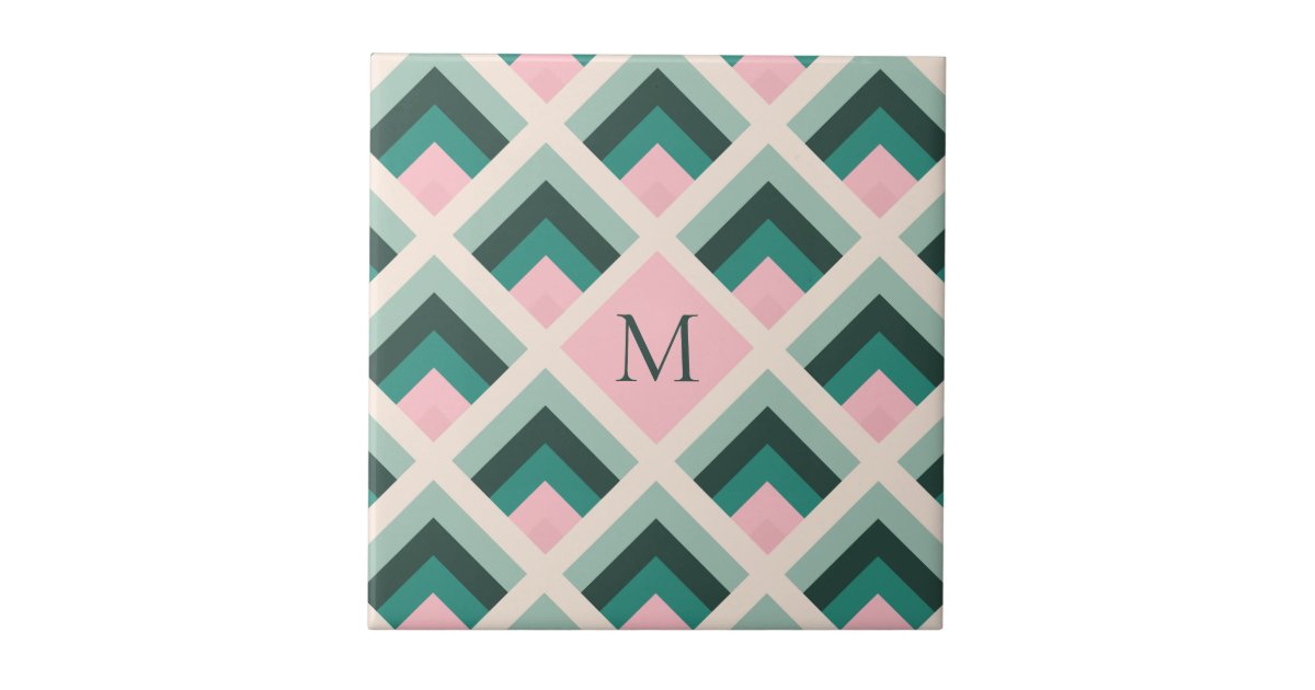 Monogram Pink And Green Diamond Pattern Ceramic Tile | Zazzle