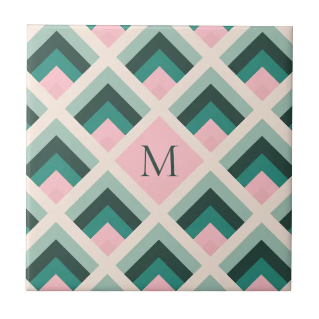 Monogram Pink And Green Diamond Pattern Ceramic Tile | Zazzle