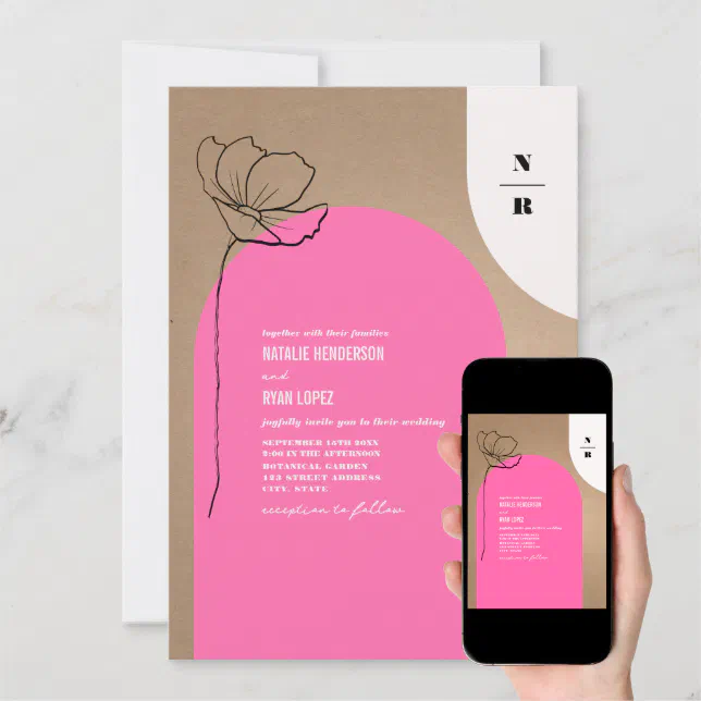 Monogram Pink Arch Floral Wedding Invitation | Zazzle