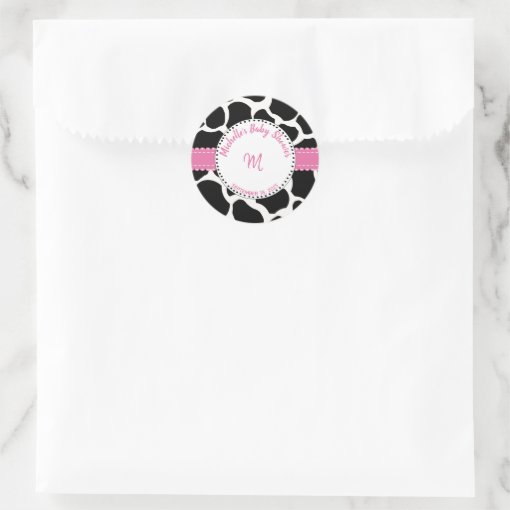 Monogram Pink Black Cow Print Name Classic Round Sticker | Zazzle