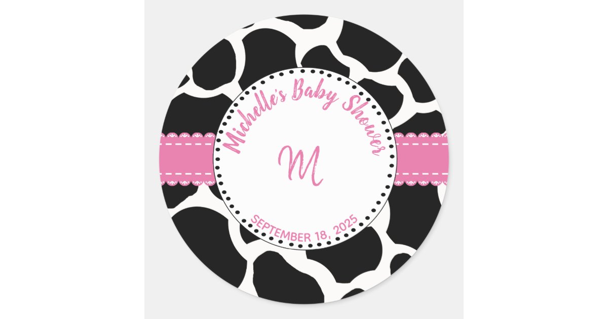 Monogram Pink Black Cow Print Name Classic Round Sticker | Zazzle