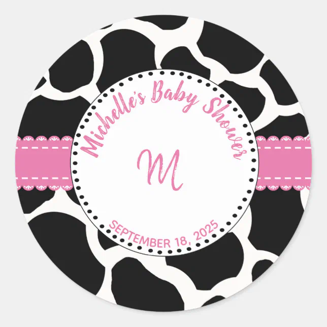Monogram Pink Black Cow Print Name Classic Round Sticker | Zazzle