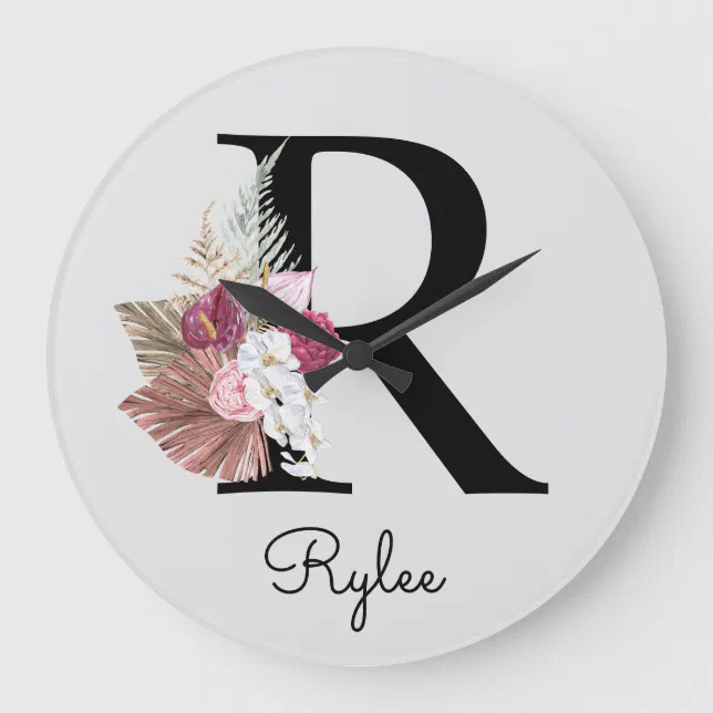 Monogram Pink Boho Girly Floral Initial R Large Clock | Zazzle