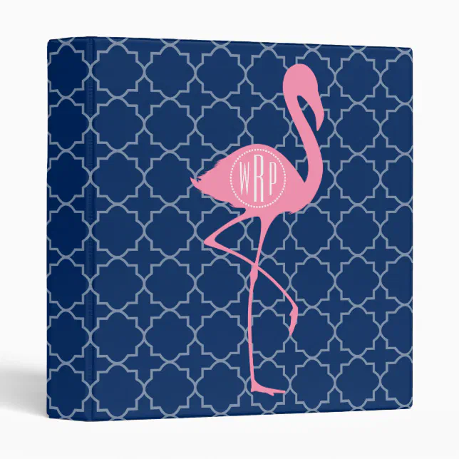 Monogram Pink Flamingo Navy Quatrefoil Binder | Zazzle