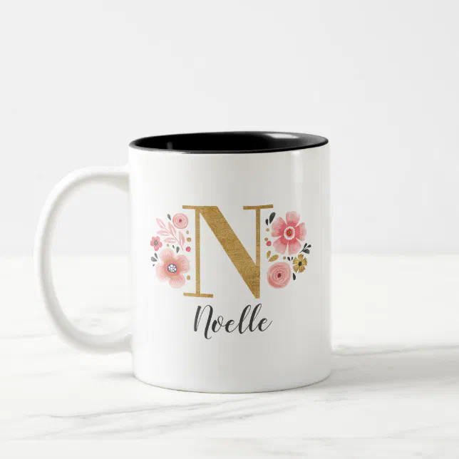 Monogram Pink Floral Initial Letter N Two-Tone Coffee Mug | Zazzle