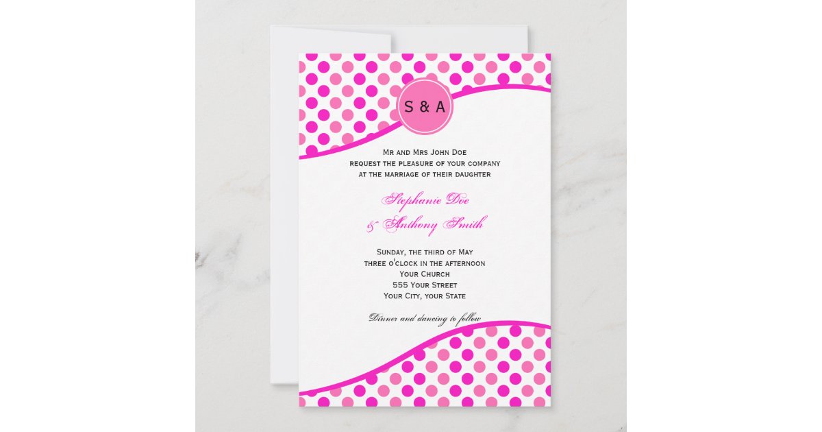 Monogram Pink Polka Dot Pattern Wedding Invitation | Zazzle