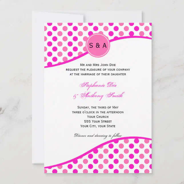 Monogram Pink Polka Dot Pattern Wedding Invitation | Zazzle