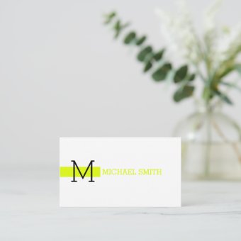 Monogram Plain White Elegant Modern Chartreuse Business Card | Zazzle