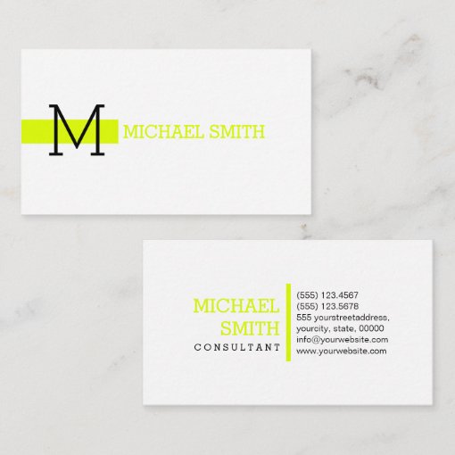 Monogram Plain White Elegant Modern Chartreuse Business Card | Zazzle