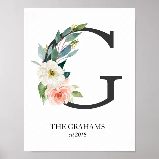 Monogram Print, Floral Letter G, Wedding, Nursery Poster | Zazzle