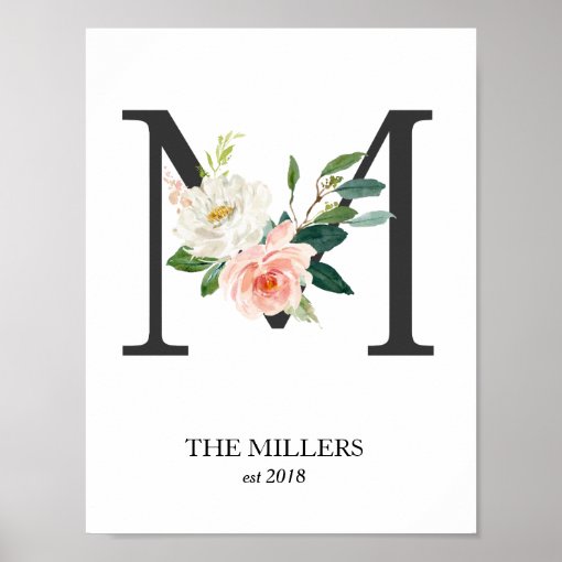 Monogram Print, Floral Letter M, Wedding, Nursery Poster | Zazzle