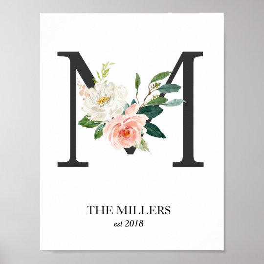 Monogram Print, Floral Letter M, Wedding, Nursery Poster | Zazzle.com